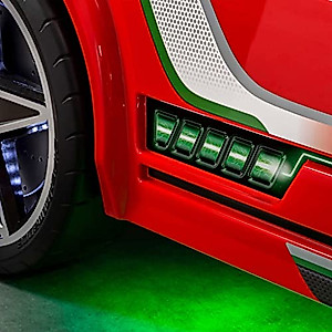Cilek GTS EV Twin Race Car Bed, Remote Control, LED Lights, EV Sound FX, Vegan Leather Interior, License Plate, Red