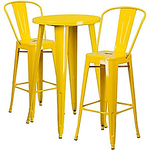 EMMA + OLIVER Commercial 24" Round Yellow Metal Indoor-Outdoor Bar Table Set-2 Cafe Stools