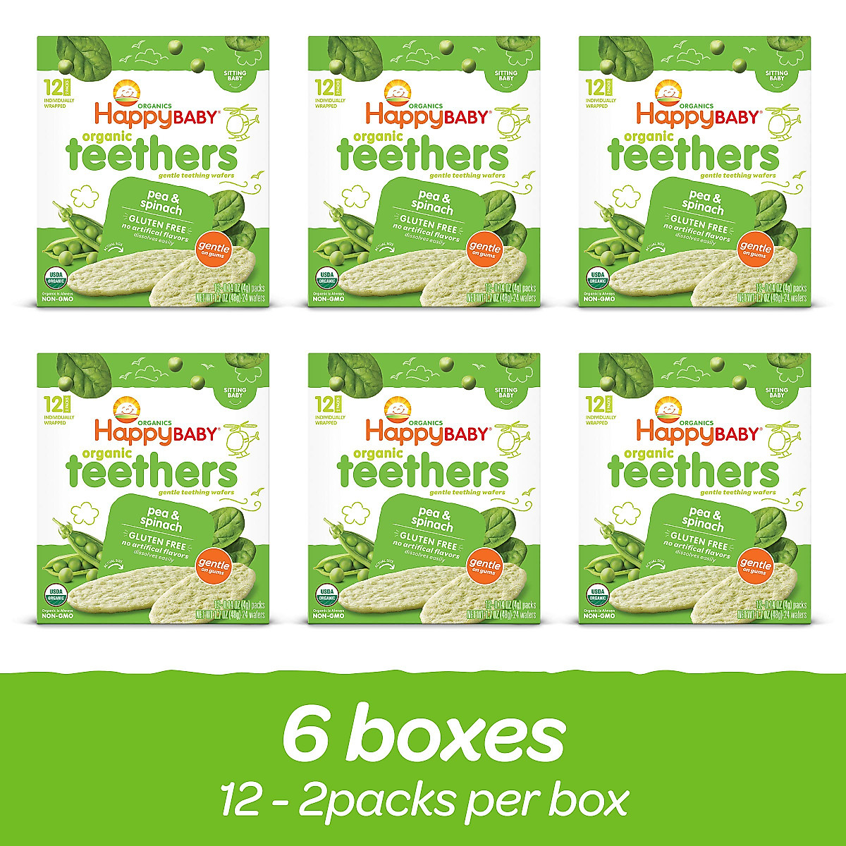 Happy Baby Organics Teether, Pea & Spinach, 12 Count (Pack of 6)