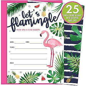 Let’s Flamingle Party Invitations with Pink Flamingo and Palm Leaves. 25 Hot Pink Envelopes and Fill in Invites for Soirees, Bridal Showers, Baby Showers, Birthdays, Graduations, Summer Parties