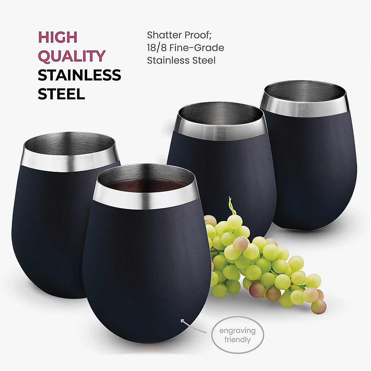18oz Stainless Steel Stemless Wineglasses, Set of 4 - Unbreakable, Portable for Outdoor Events