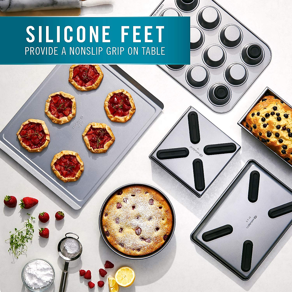 Calphalon Nonstick Bakeware Set, 6-Piece Set Includes Cookie Sheet, Cake, Brownie, Loaf, and Muffin Pans, Dishwasher Safe, Silver