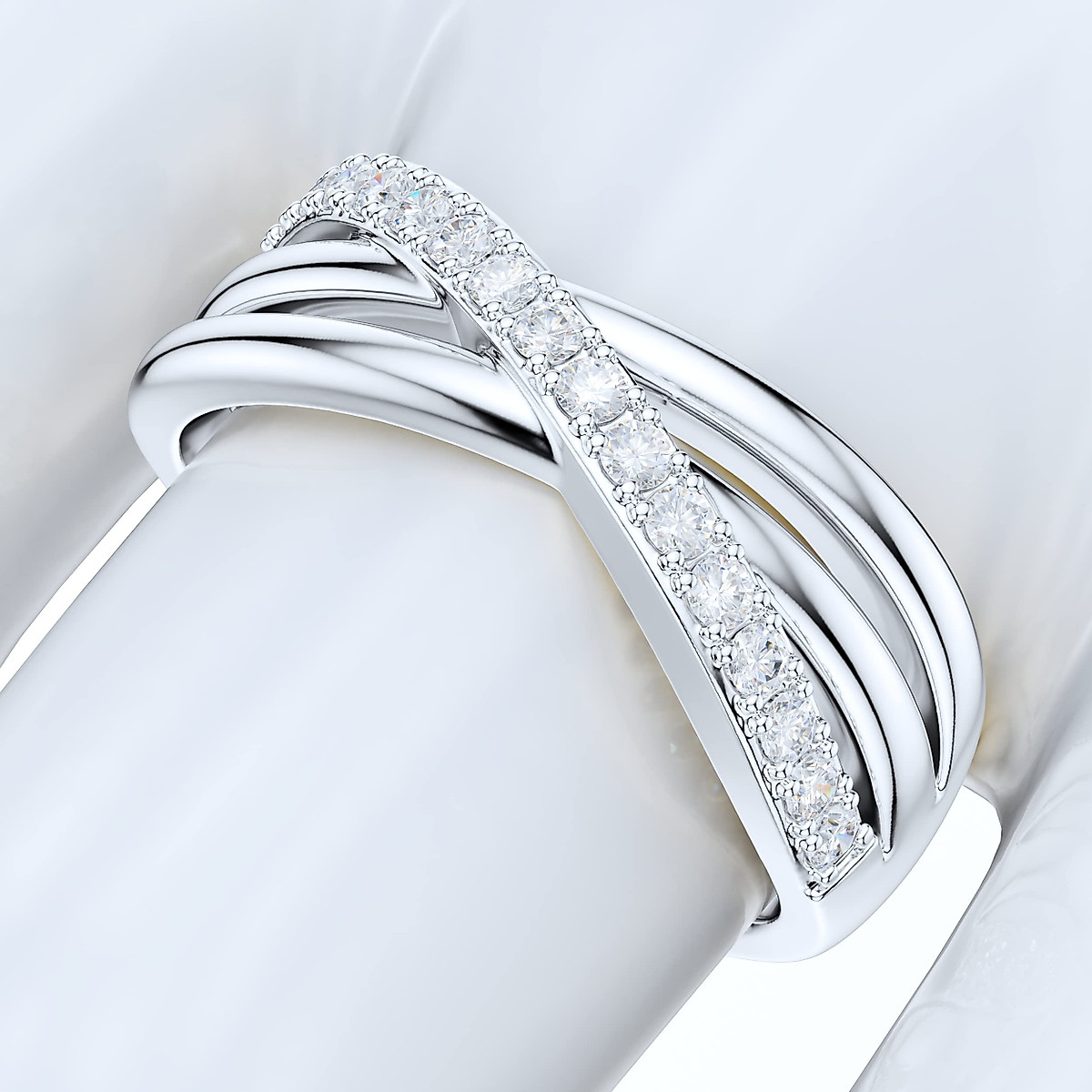 PRSTANI Sterling Silver X Shape One Row Simulated Round Brilliant Cut Diamonds Cross Two Split Shanks Wedding Ring (9)