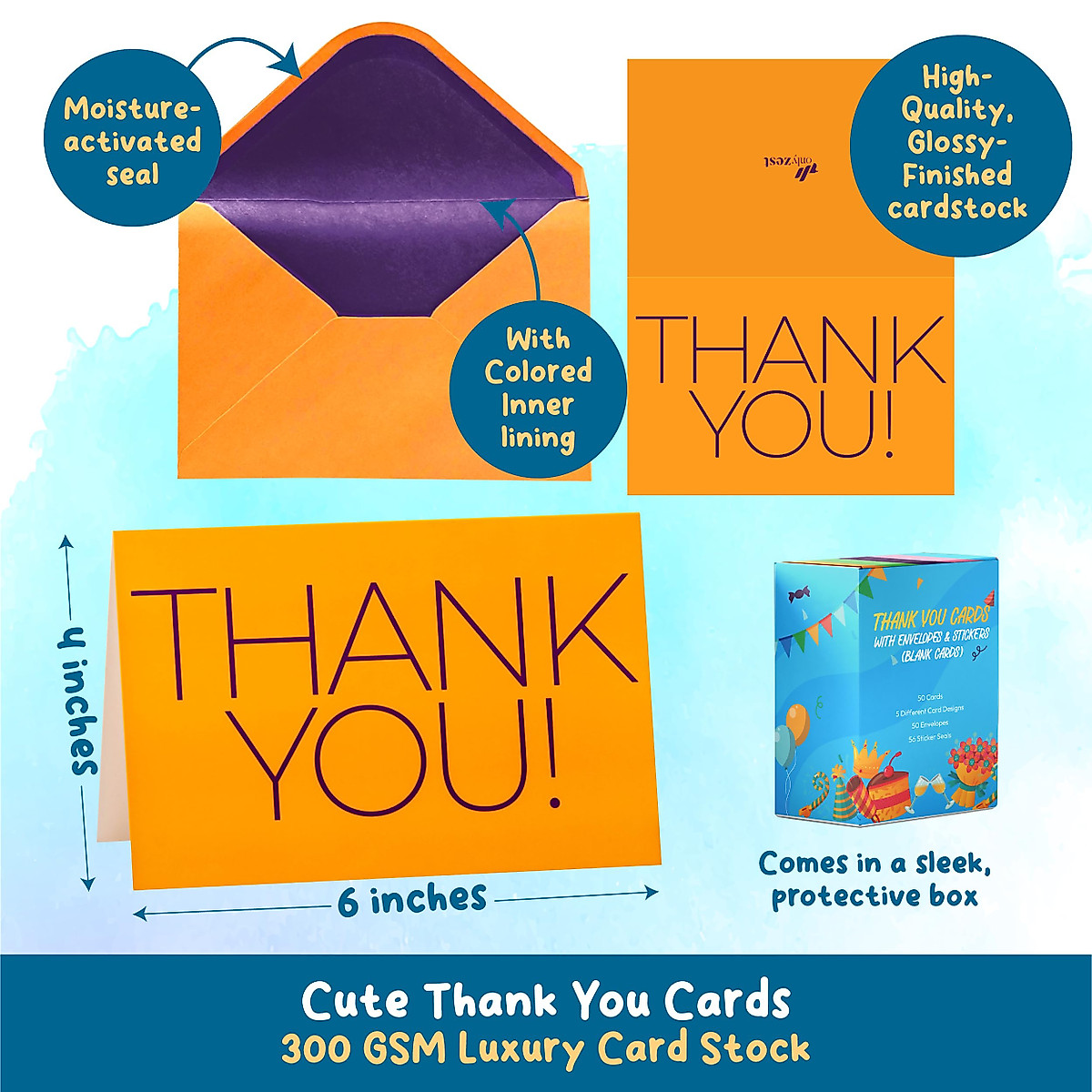 Only Zest Thank You Cards with Envelopes Bulk, 50 Pack 4x6 Thank You Notes – Cute Assorted Blank Thank you Card for Birthdays, Baby Showers, Small Business