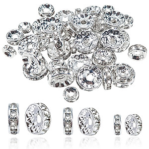 TOAOB 200pcs Rondelle Spacer Beads 6mm 8mm 10mm Round Crystal Czech Loose Spacer Beads Silver Rhinestone Charms Beads with Elastic String for DIY Crafts Jewelry Making Necklace Bracelet