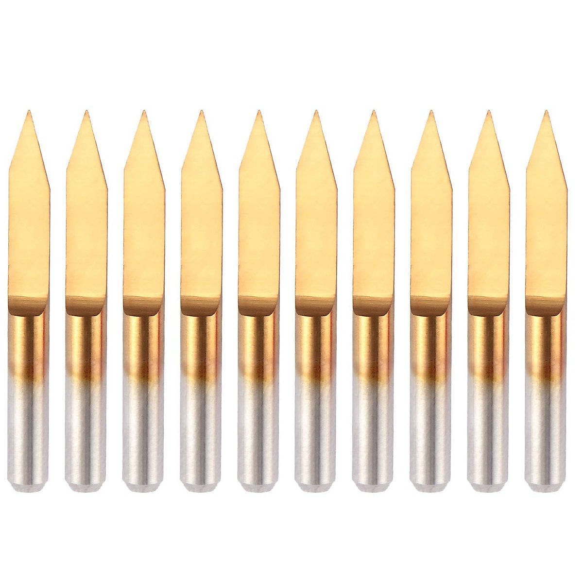 HQMaster CNC Engraving Bits, V Bit Cutter 10 Pack 0.1mm Tip Tungsten Steel Titanium Coated Flat Bottom Sharp Cutting Router Rotary Tool Set for PCB PVC Wood Acrylic Metal Aluminum