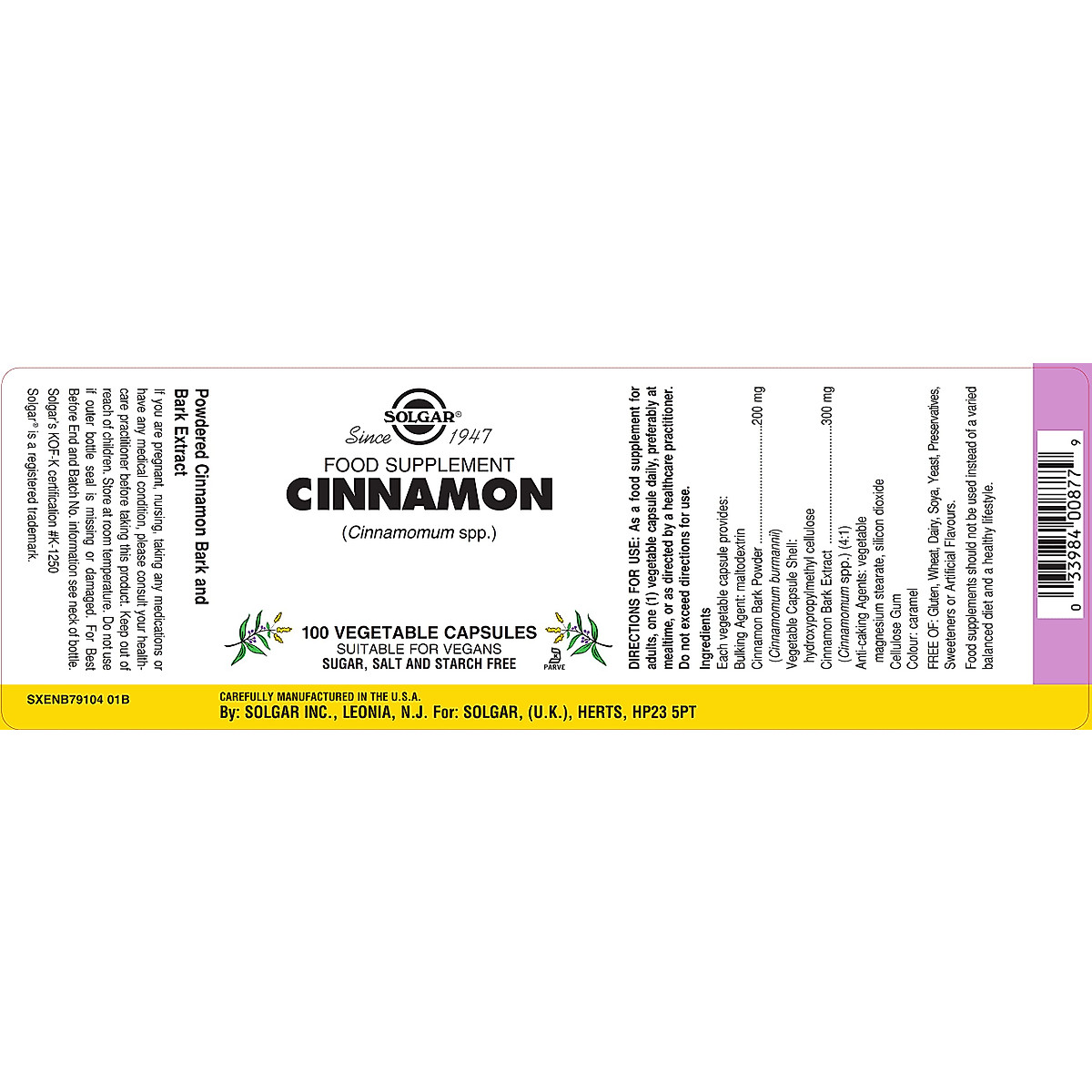 Solgar Cinnamon, 100 Vegetable Capsules - Full Potency (FP) - Supports Sugar Metabolism - Overall Wellness - Non-GMO, Vegan, Gluten Free, Dairy Free, Kosher - 100 Servings