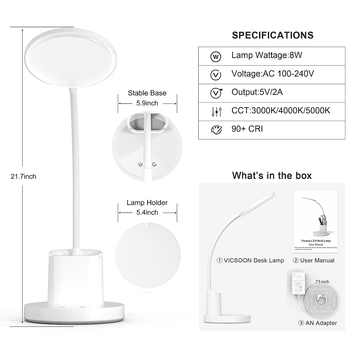Vicsoon Desk Lamp, LED Desk Lamp for Home Office, Touch Table Lamp with 3 Color Modes 360° Adjustable Arm, Dimmable Desk Light with Pen Phone Holder, White