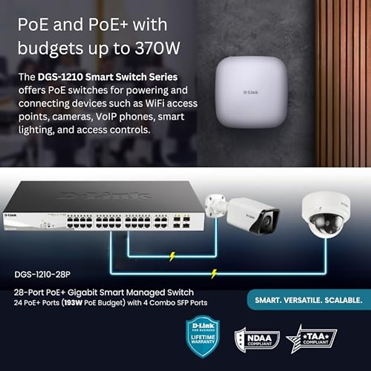 D-Link 28-Port Gigabit Smart Managed PoE+ Switch |24 PoE+ Ports (193W) + 4 SFP Combo Ports |L2+ | VLANs | Web Managed | Surveillance Mode | Rackmount | NDAA Compliant |Lifetime Warranty (DGS-1210-28P)