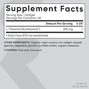 Sports Research Double Strength L-Theanine Supplement - Suntheanine Softgels for Focus, Relaxation & Alertness - Non-Drowsy Support Made with Coconut Oil, Non-GMO & Gluten Free - 200mg, 60 Count
