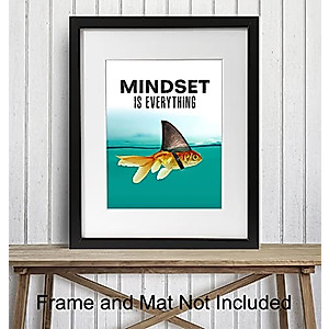 Mindset is Everything - Motivational Wall Art Poster for Home, Office - Gift for Entrepreneur, Student, Men, Teens - Inspirational Decor - Uplifting Self-Improvement Positive Quote - Shark Goldfish