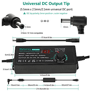 120W Universal Power Supply Adjustable DC 3V ~ 24V Variable Switching AC/DC Adapter 100V-240V AC to DC 24V 5A Converter with 14 Tips & Polarity Converter - 5000mA Max