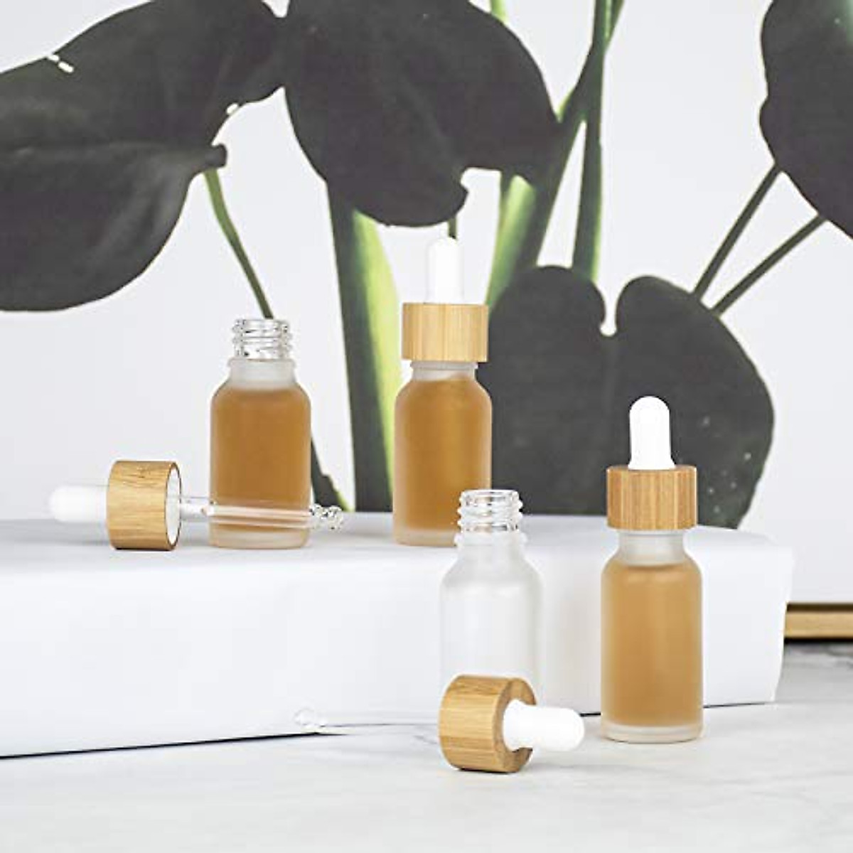 MODOWEY 12Pcs 10ml Frosted Glass Dropper Bottles, Eco-friendly Essential Oil Containers Bulk With Eye Dropper and Bamboo Lids, Refillable Essence Liquid Cosmetic Containers and 2 Pieces Funnel (10ML)