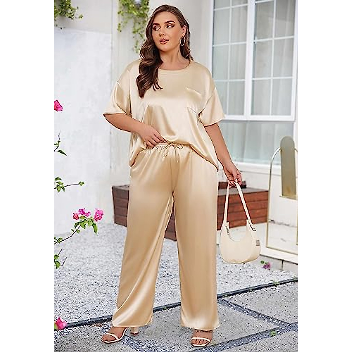 Ekouaer Women Plus Size Pajamas Silk Satin Pajama Pants Set Pjs for Women Satin Loungewear Sleepwear Lounge Set Champagne 18W