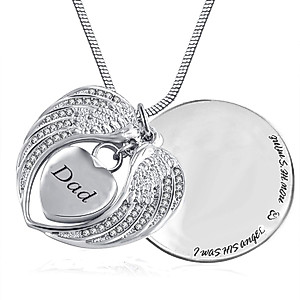 PREKIAR Angel Wing Urn Necklace for Ashes, Heart Cremation Memorial Keepsake Pendant Necklace Jewelry with Fill Kit and Gift Box (Dad)