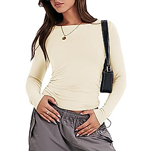 ANRABESS Women Long Sleeve Slim Fit Crop Top Going Out Tight Y2K Tshirt Trendy Basics Tees Streetwear Workout Athletic 2023 Fashion Clothes 1029xingse-S Apricot