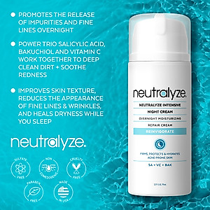 Intensive Bakuchiol Night Cream for Face - Medical Grade Bakuchiol, Vitamin C & 2% Salicylic Acid Moisturizer - Maximum Strength Face Moisturizer for Acne Prone Skin (90+ Day)