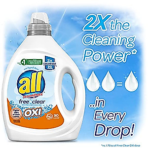 all Liquid Laundry Detergent, Free Clear for Sensitive Skin with OXI, Unscented and Hypoallergenic, 2X Concentrated, 90 Loads