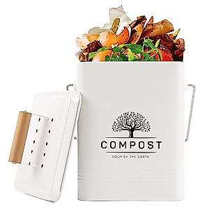 Perfnique Kitchen Compost Bin, 1.7 Gallon Countertop Compost Bin with Lid, Indoor Compost Bin Includes 2 Carbon Filters, Small Compost Bucket, Food Waste Bin for Kitchen with Trash Bags (Cream White)