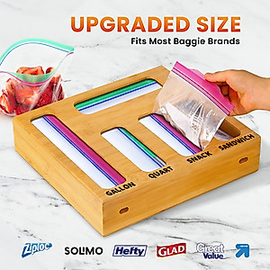 mHomeBilt Bag Storage Organizer with Foil and Saran Wrap Dispenser With Cutter For Kitchen Drawer - 9 in 1 Bamboo Plastic Food Bag Storage Containers Perfect For Gallon, Quart Bags & 12" Rolls