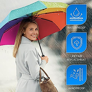Rain-Mate Compact Travel Umbrella - Pocket Portable Folding Windproof Mini Umbrella - Auto Open and Close Button and 9 Rib Reinforced Canopy (Rainbow)