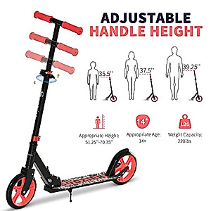 Soozier Folding Kick Scooter for 12 Years and Up for Adults and Teens, Push Scooter with Height Adjustable Handlebar, Big Wheels and Rear Wheel Brake