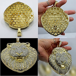 MAXBLING81 FASHION HIP HOP RAPPER STYLE ICED SIMULATED DIAMOND GOLD SILVER PLATED JUMBO LARGE LION HEAD CHARM PENDANT & 14mm 18" 20" 24" ZIG ZAG CUBAN BOX LOCK CHAIN NECKLACE GIFT (24" CHAIN, GOLD)