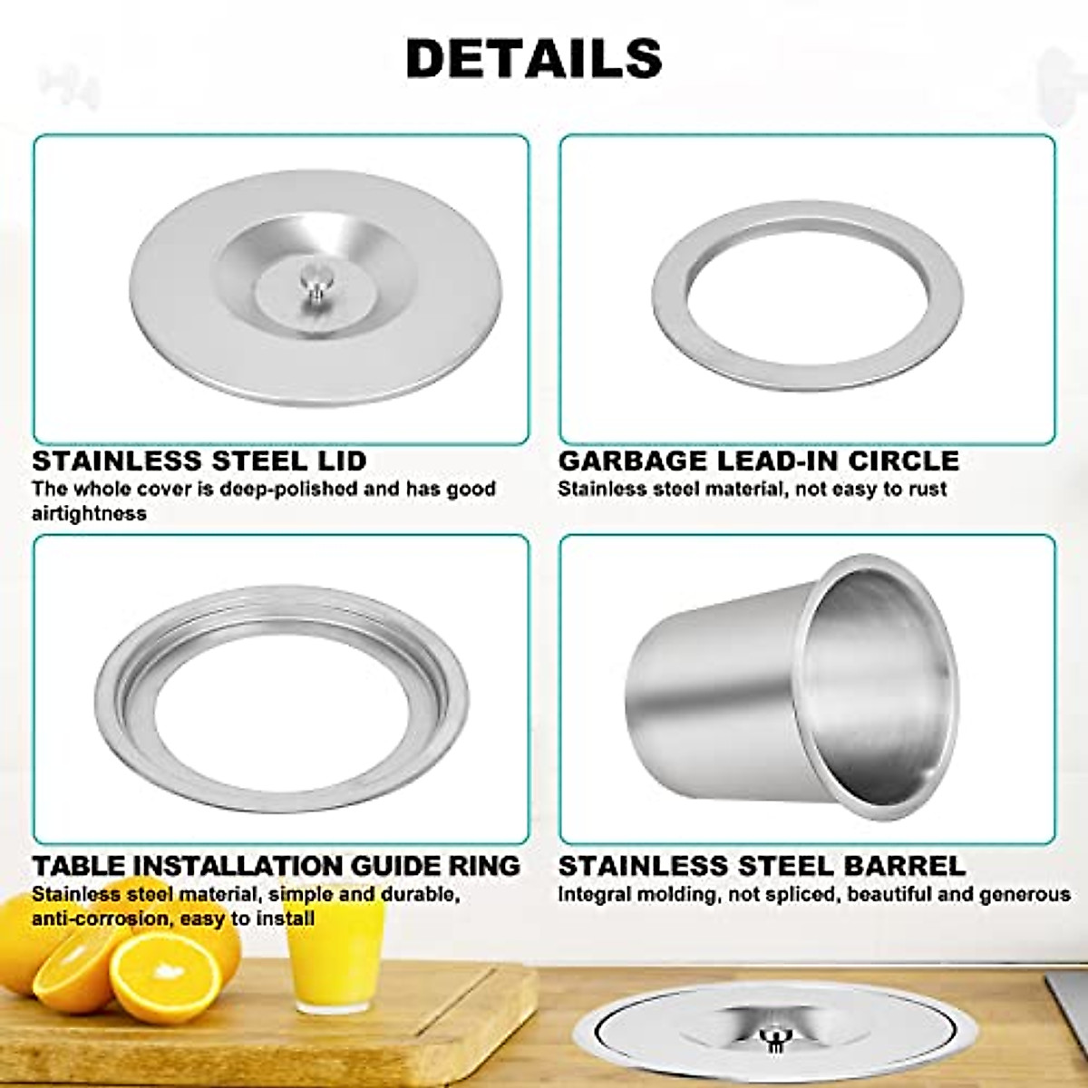 Countertop Built-in Kitchen Cabinet Trash Can 8L 304 Stainless Steel Trash Chute with Lid Cover