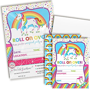 Colorful Unicorn Rainbow Roller Skating Birthday Party Invitations, 20 5x7 Fill In Cards with Twenty White Envelopes by AmandaCreation
