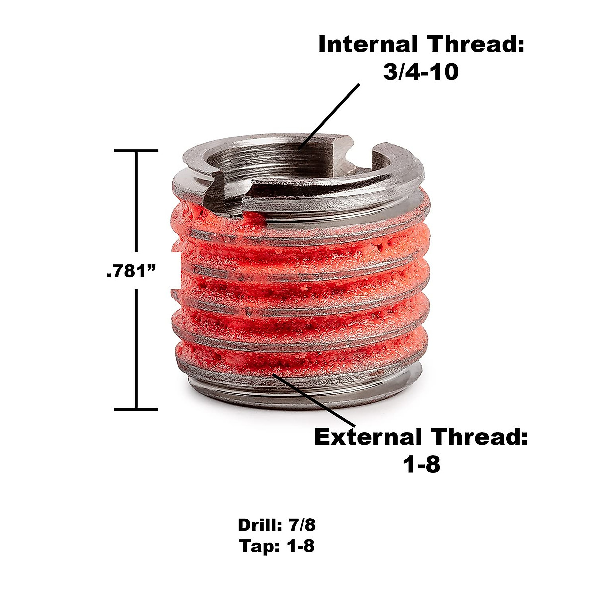 E-Z Lok Externally Threaded Insert, 303 Stainless Steel, 3/4"-10 Internal Threads, 1"-8 External Threads, 0.781" Length, Made in US