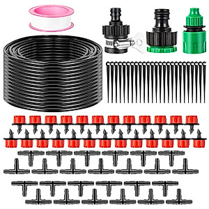 33FT Automatic Drip Irrigation Kit Set, Quick Connector DIY Watering Misting System with 1/4” Distribution Tubing, Nozzle Emitter Barbed Fittings for Plant, Greenhouse, Garden and Yard (33 FT)
