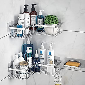 JOFUNBEAU Corner Shower Shelf for Inside Shower,3-Pack Adhesive Shower Organizer with Soap Holder&2 Hooks&Hairdryer Shelf,Rustproof Shower Caddy Shelves Rack for Bathroom Kitchen Storage(Chrome)