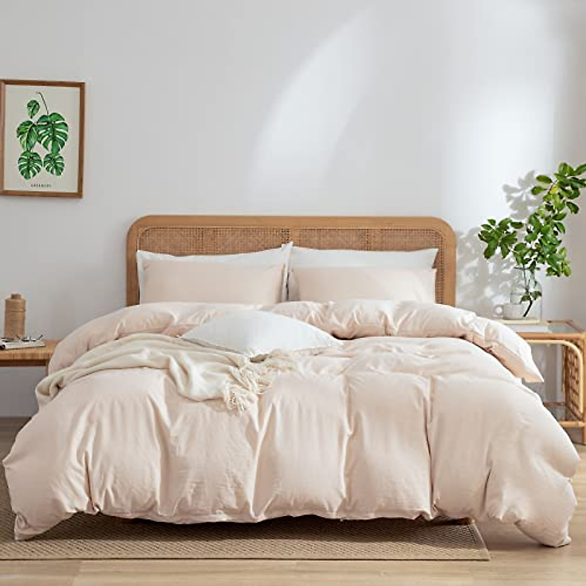 Beige Duvet Cover Queen, 100% Washed Microfiber 3 Pieces Solid Casual Beige Bedding Set for Men and Women, with Zipper Closure, Luxury Ultra Soft Relaxed Feel Natural Wrinkled Comfy (Beige, Queen)