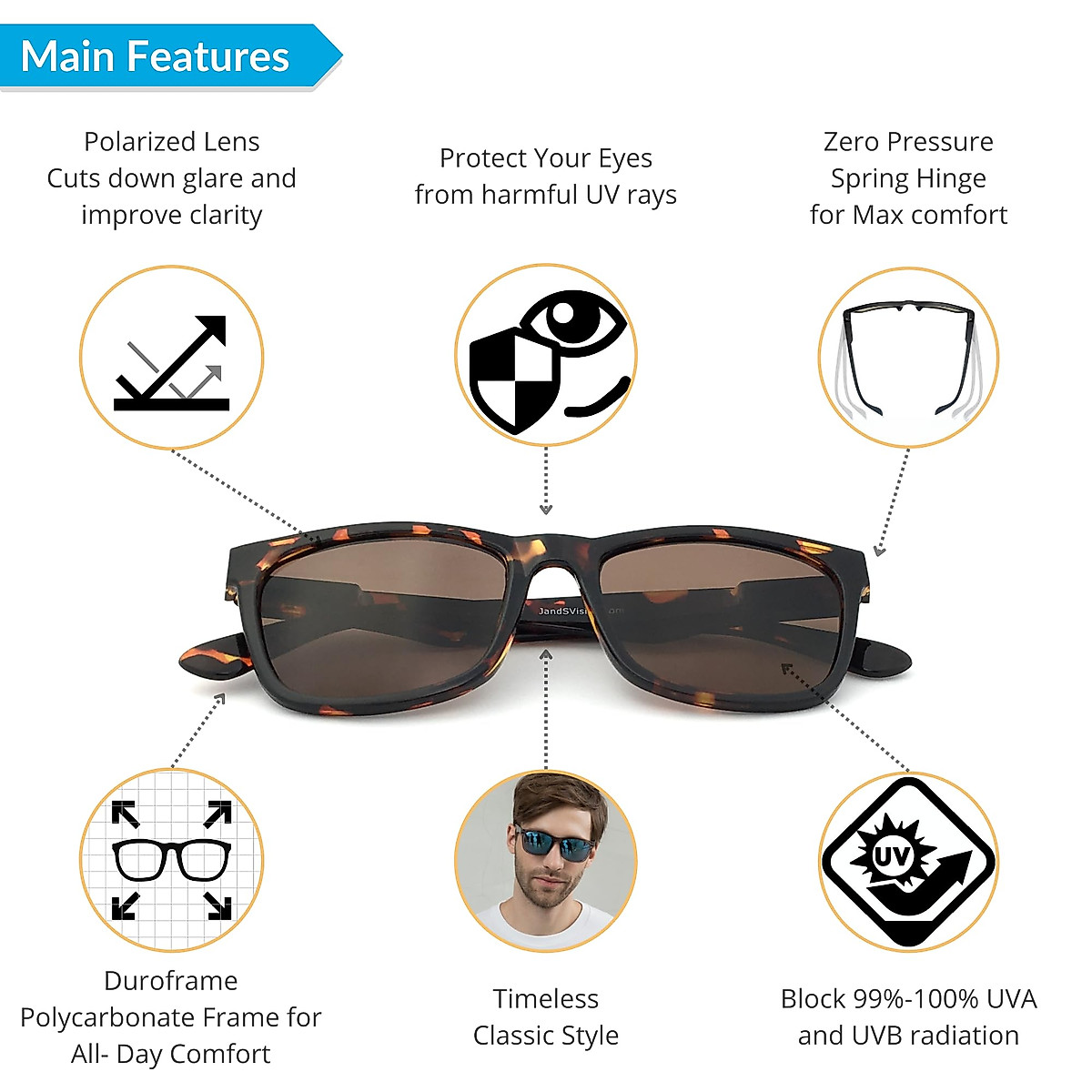 J+S Mission Mark II Rectangle Sunglasses, Polarized Sunglasses with 100% UV protection