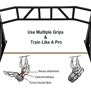 Wall Mount Pull-Up Bar - 47” Multi-Grip Chin-Up Station with Hangers for Punching Bags, Power Ropes for Home Gym Strength Training Equipment (Black.)