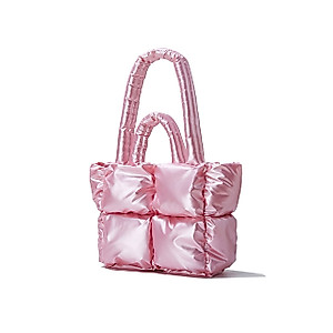 Large Puffer Tote Bag, Trendy Luxury Chic Quilted Cotton Padded Designer Handbags for women, Winter Soft Puffer Shoulder Bag Nylon Down Pillow Bag Women's Handbags & Shopper Bag (Z-Shiny_Pink)
