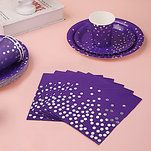 Gudvilla 168Pcs Purple Plates and Napkins Party Supplies, Purple Paper Plates, Purple Party Plates, Purple Party Decorations for Birthday Bridal Shower Mardi Gras Graduation Plates, Serves 24