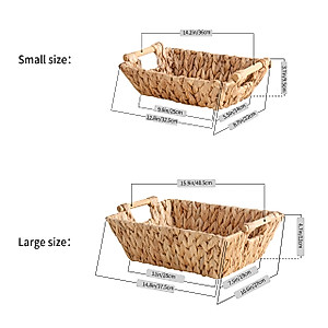 LONGERO Handcrafted Water Hyacinth Basket, Hand Woven Wicker Shelf Basket for Storage, Organizing and Decoration, Rectangular, with Straight Wooden Handles, 1 Pack (Large)