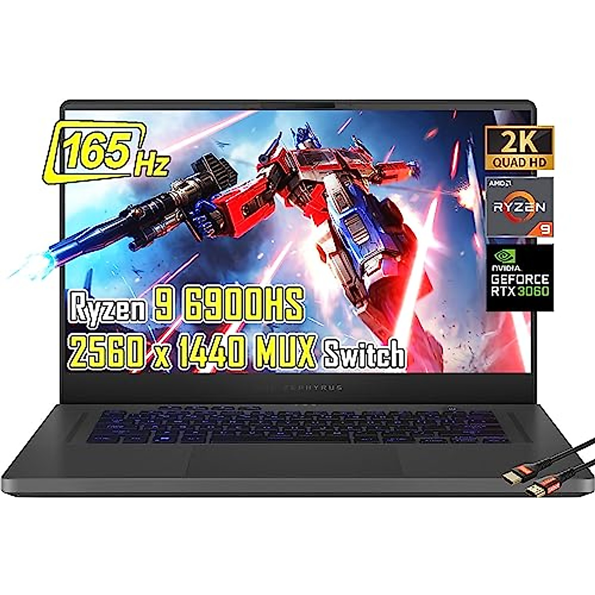 ASUS - ROG Zephyrus 15.6" WQHD 165Hz Gaming Laptop-AMD Ryzen 9 6900HS- NVIDIA GeForce RTX 3060-DDR5 Memory, PCIe 4.0 SSD – with HDMI Cable (16GB RAM | 512GB PCIe SSD)
