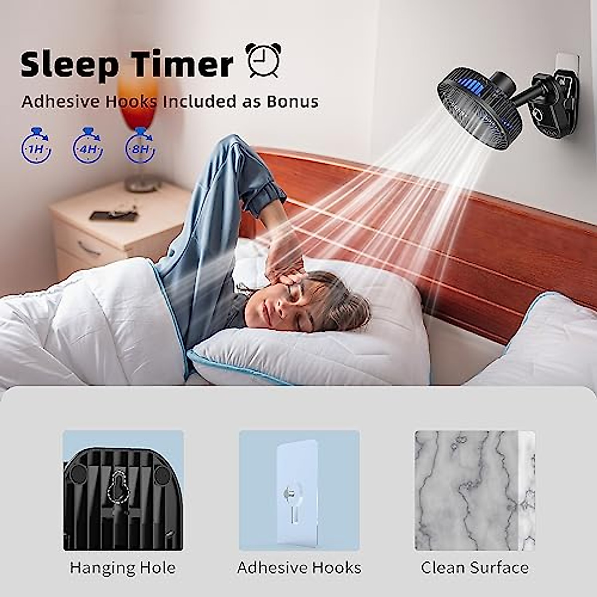 ATEngeus 4 in1 USB Fan, 8” Clip Fan, 10000mAh Rechargeable Table Fan, 5 Speeds Battery Operated Fan, 45°/90° Automatic Rotation, 3 Time Setting, with Clip & Hook for Homes, Offices, Bedroom
