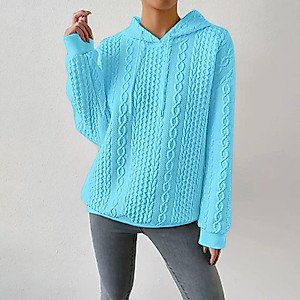 PETYCZEN Fall Sweatshirts for Women Casual Long Sleeve Slouchy Cozy Lightweight Cable Knit Oversized Hoodie Chunky Y2K Sweater Drawstring Pullover Tops Trendy Clothes with Pockets Light Blue 3X-Large