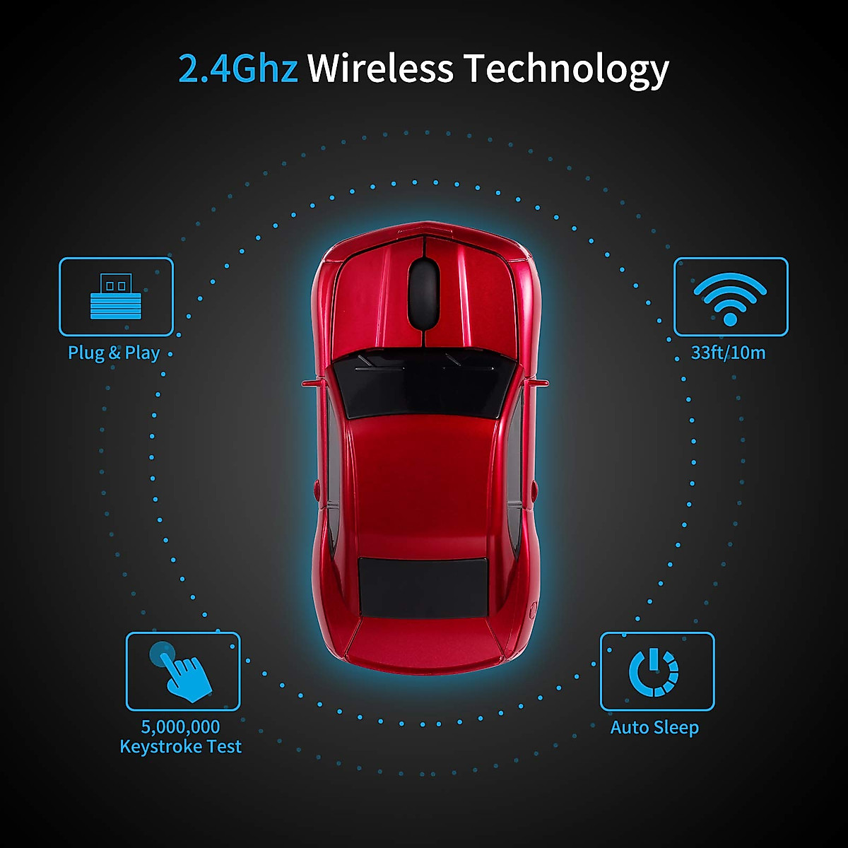 BKLNOG Wireless Car Mouse [Updated] with LED Headlights, 1600 DPI Sports Car Shaped Mouse for Mac, Computers, Red