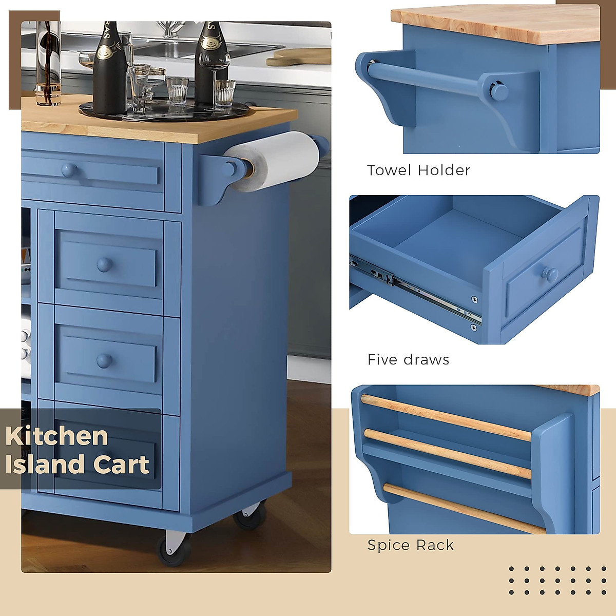 P PURLOVE Kitchen Island Cart with Solid Wood Desktop and Storage Cabinet, Rolling Mobile Kitchen Island Cart with Adjustable Shelves, Spice Rack, Towel Rack, 5 Drawers and Lockable Casters, Blue