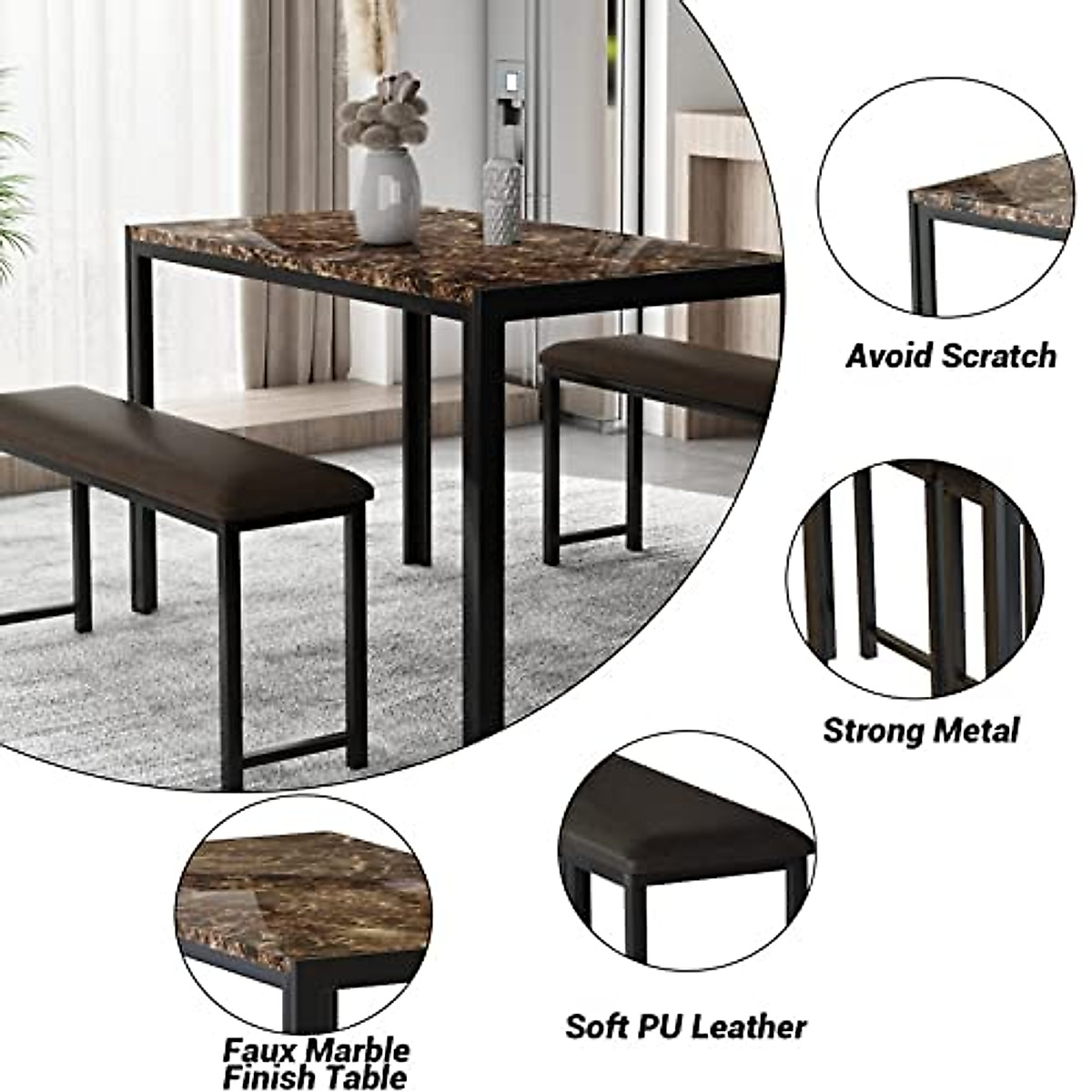 Hooseng 3 Pieces Dining Room Table Set, Modern Faux Marble Kitchen Table Set with 2 PU Leather Upholstered Benches, Ideal for Home, Apartment, Breakfast Nook, Small Space, Brown