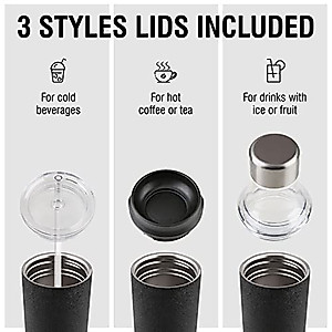Ozark Trails Tumbler Set - 20 Oz, 3 Lids & Straw, Vacuum Insulated Stainless Steel Bottle with Leak-Proof Lid, Coffee Travel Mug With Straw Lid, Gift Box,Black