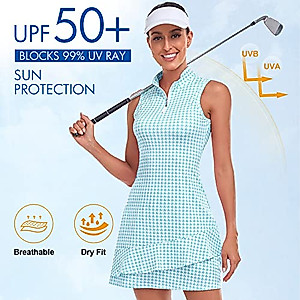 Viracy Tennis Dress for Women Golf Outfits Sleeveless Stand Collar Short Dresses with Pockets Zip Up Moisture Wicking for Workout Athletic Blue Houndstooth-M