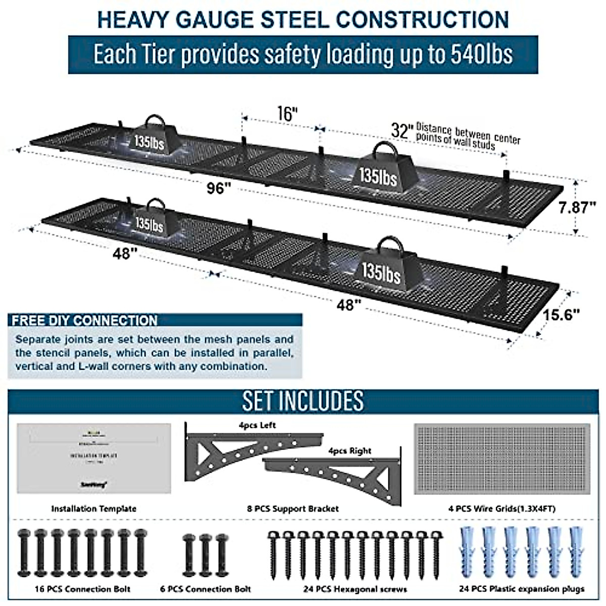 Sanhang 4Pack 1.3x4ft Garage Storage Wall Shelves, Wall Shelf Garage Storage Rack Floating Shelves (Black)