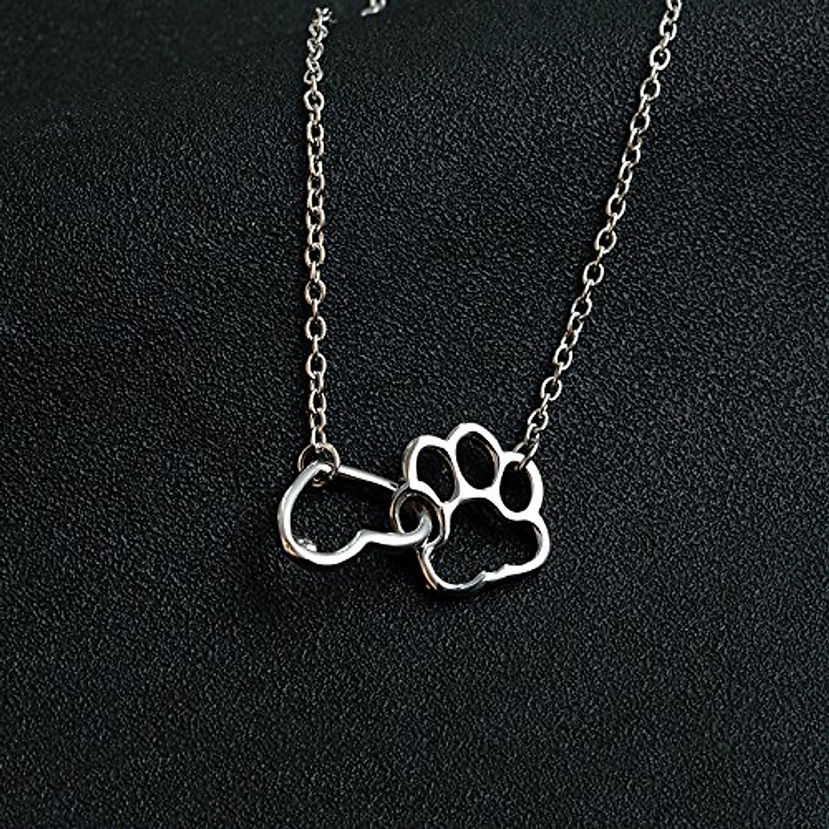 QIAN0813 Cat Dog Puppy Paw Print Stamped Pet Memorial Pendant Necklace Love Heart Necklace Jewelry (Silver)