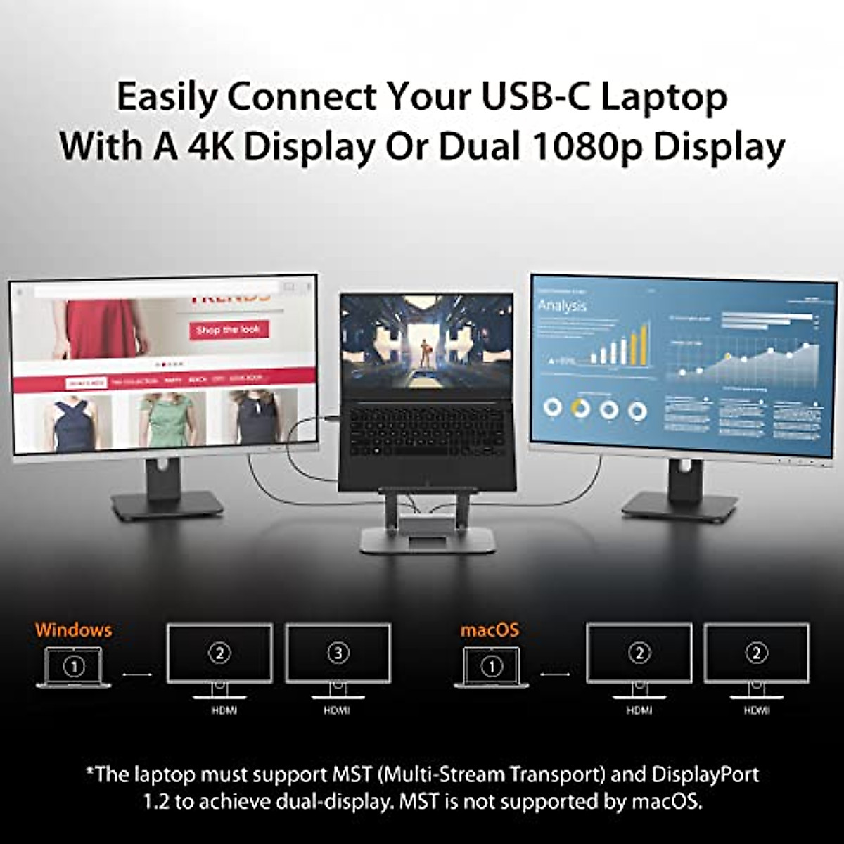 j5create Laptop Stand with USB C Dual HDMI Display Hub - 2 USB A 5Gbps, PD 100W with USB-C 5Gbps, Ethernet | Aluminum Computer Riser for MacBook and Windows Notebook (JTS427)
