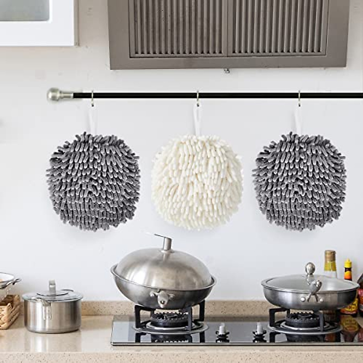 Yigood 6 Pack Chenille Hanging Hand Towel with Hanging Loop Plush Quick-Drying Towel Soft Absorbent Hand Towel for Kitchen Washstand or Powder Room(3Gray +3White)